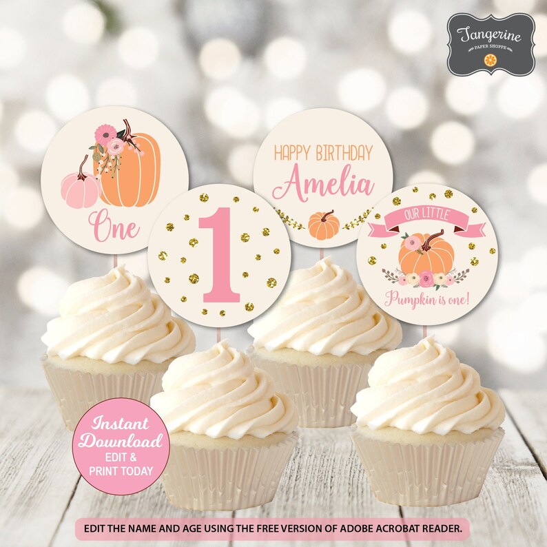 Pumpkin Birthday Cupcake Toppers, Pumpkin First Birthday, Pink Gold ...