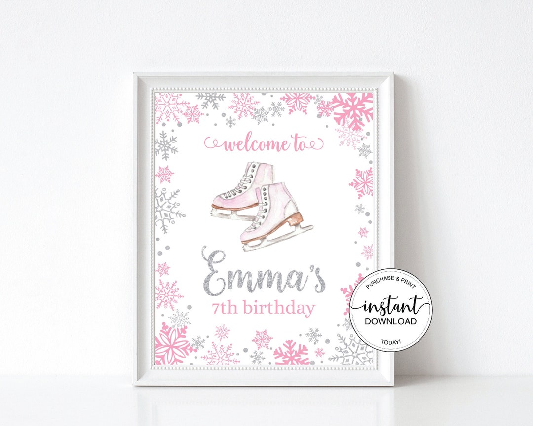 Editable Ice Skating Birthday Welcome Sign, Winter Snowflakes Girl ...