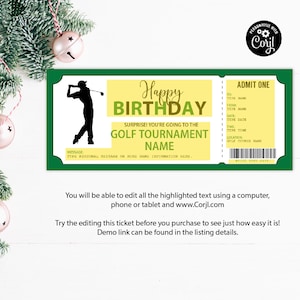 Editable Golf Ticket, Golf Tournament Gift Certificate Surprise Golf ...