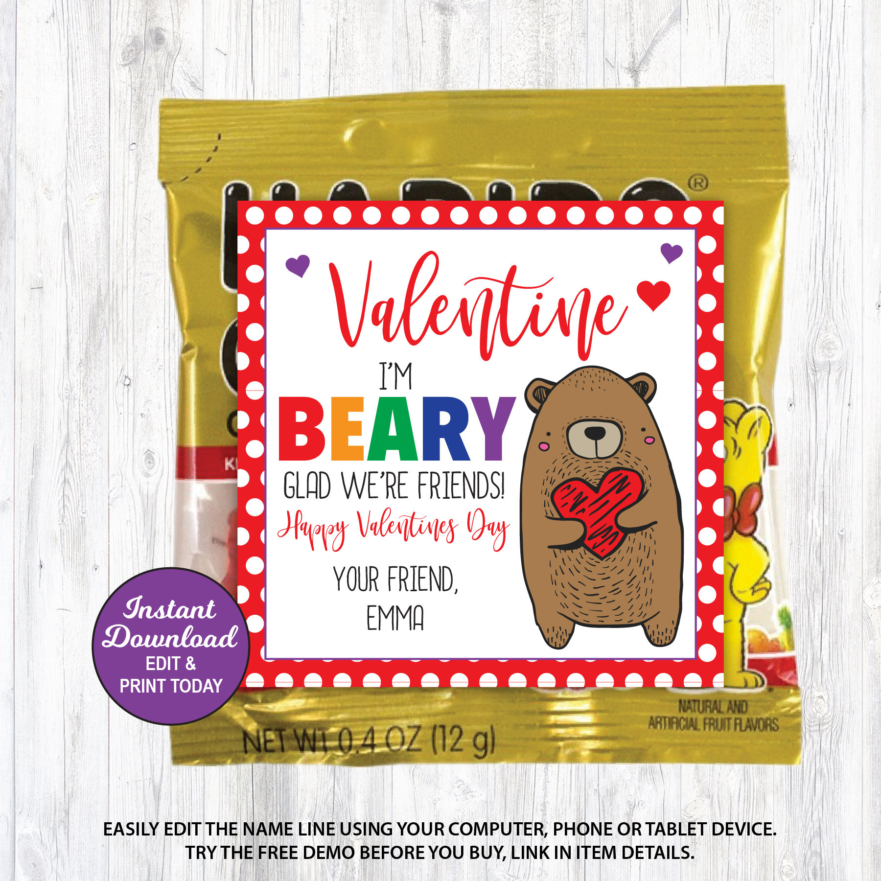 Valentine Bear Tags, I'm Beary Glad We're Friends, Candy Kid Valentine ...