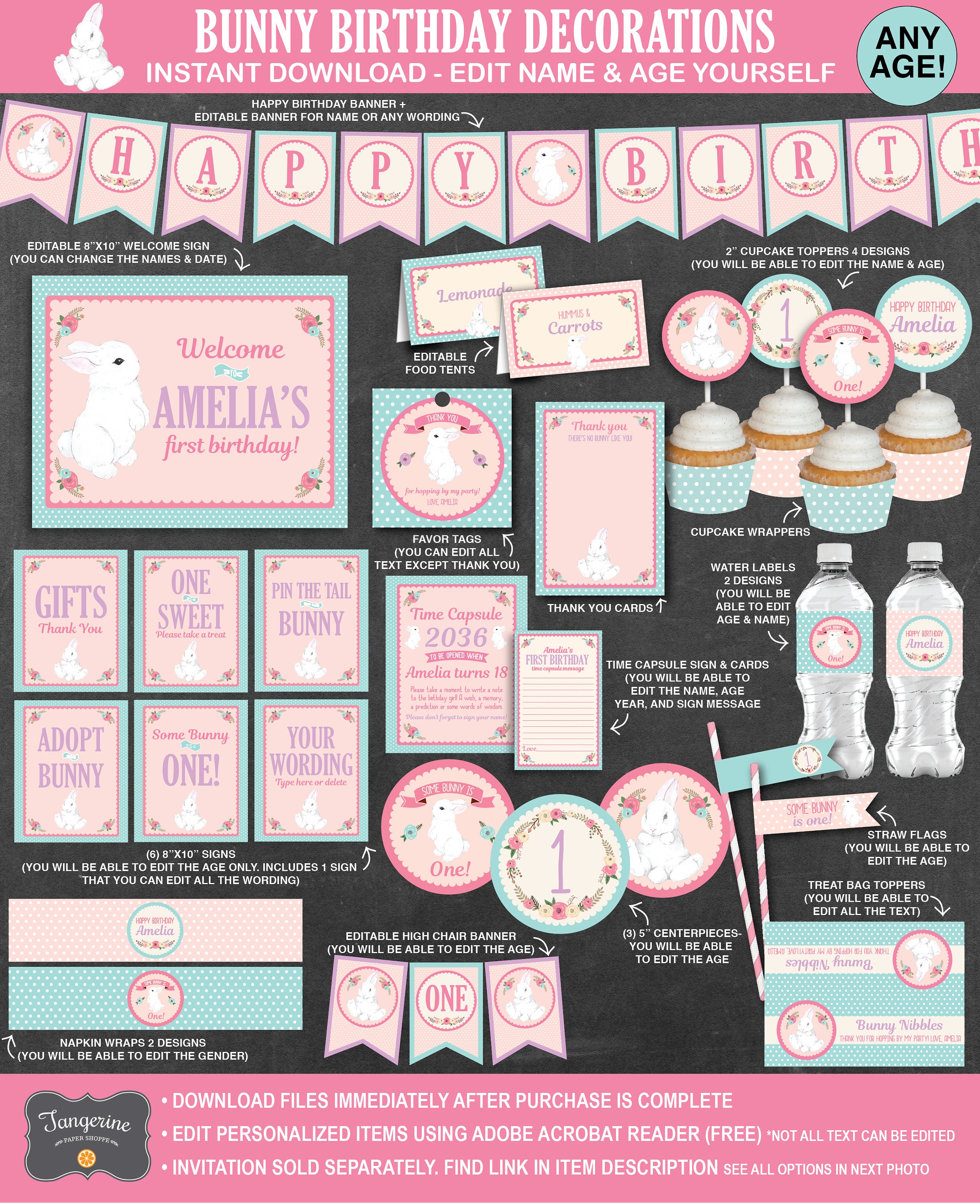 Bunny Party Food Labels Printable Bunny Baby Shower Bunny | Etsy