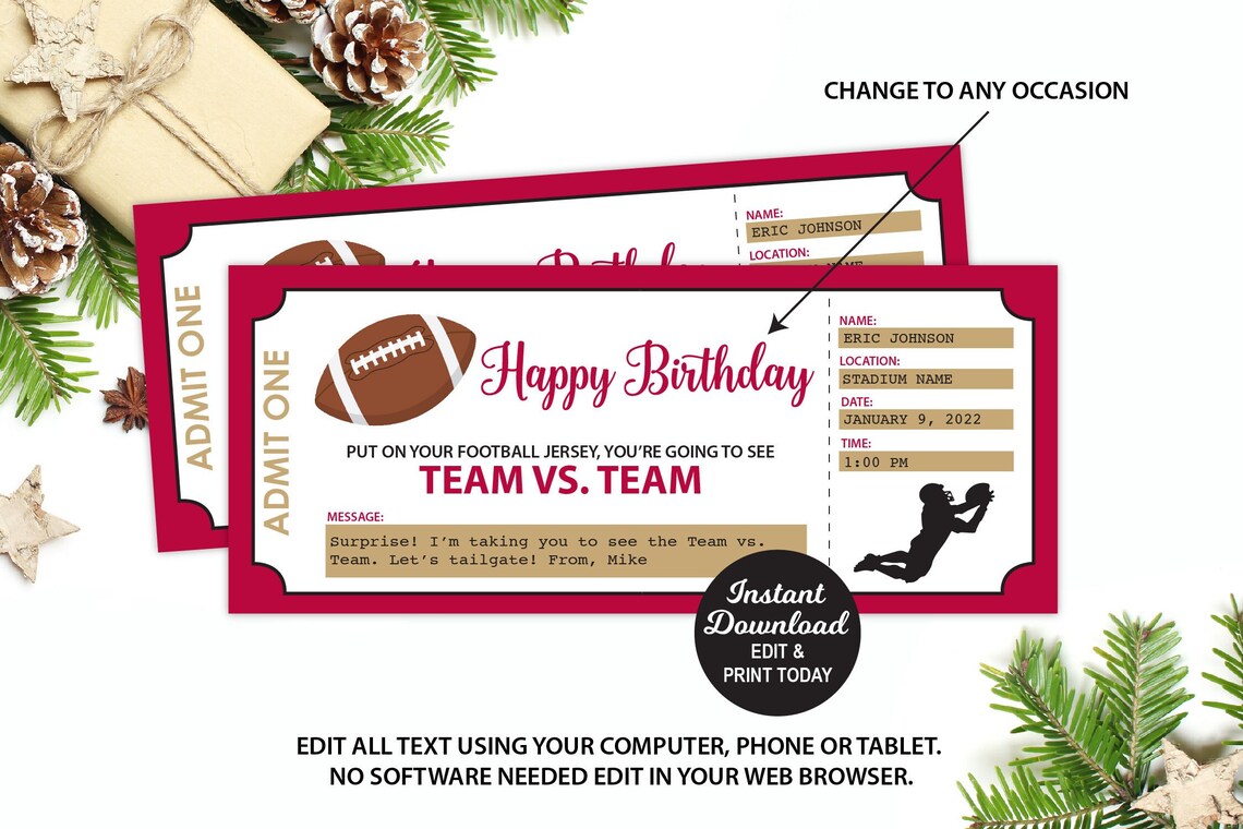 Surprise Football Game Ticket Football Gift Ticket Editable - Etsy