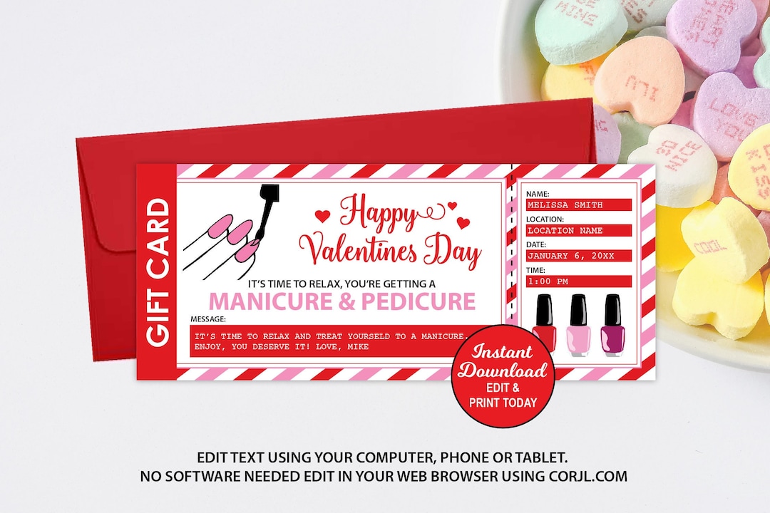 Manicure Pedicure Ticket Editable, Valentines Gift, Manicure Gift Card ...