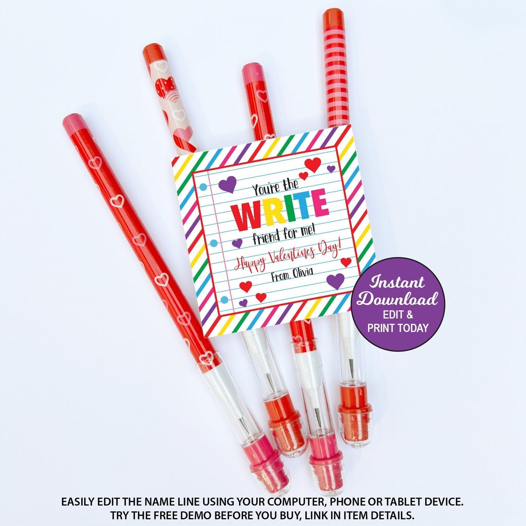 Pencil Valentines Day Card, Pen Valentines Tag, Kids Valentine Card ...