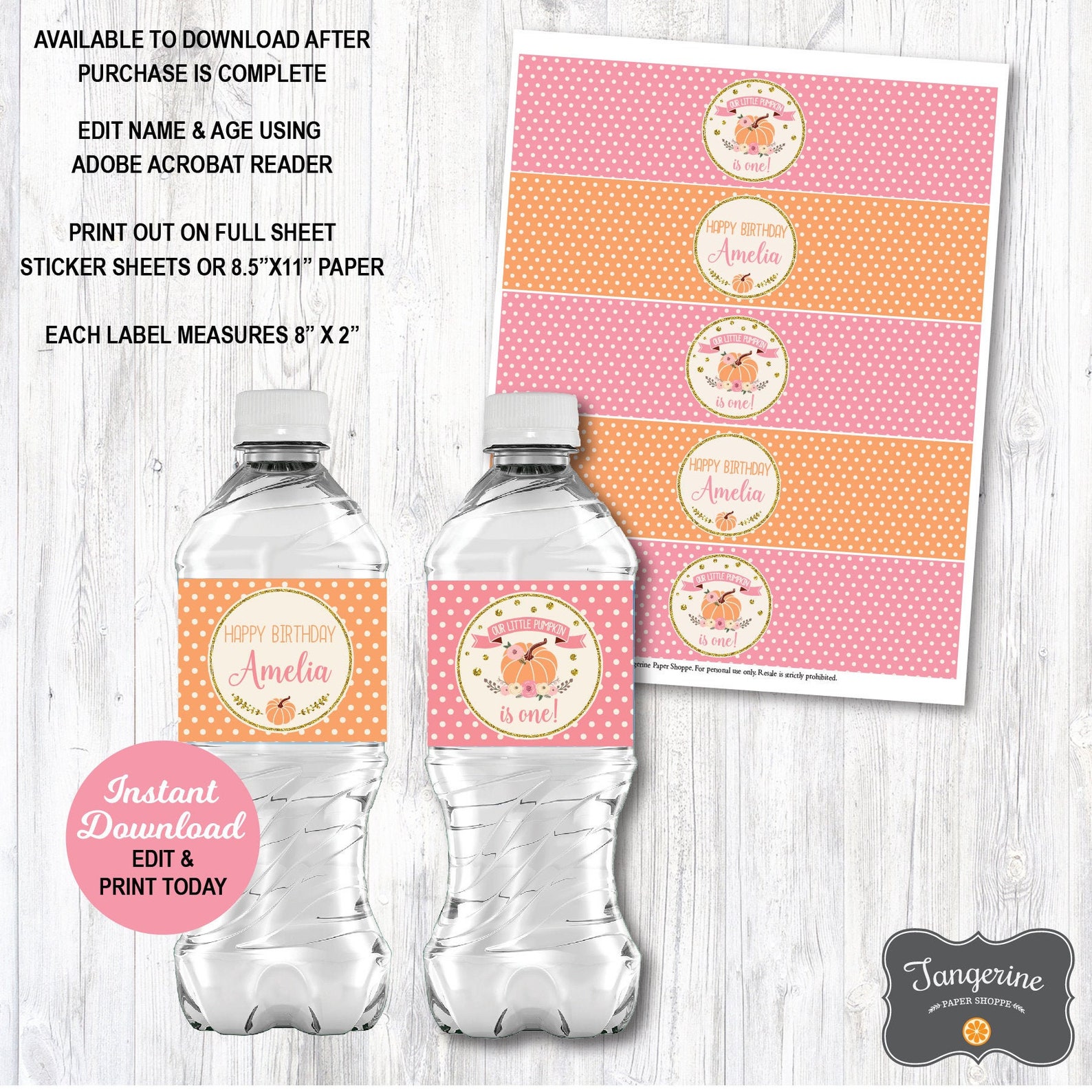 Pumpkin Water Bottle Labels, Printable Labels, Pumpkin First Birthday ...
