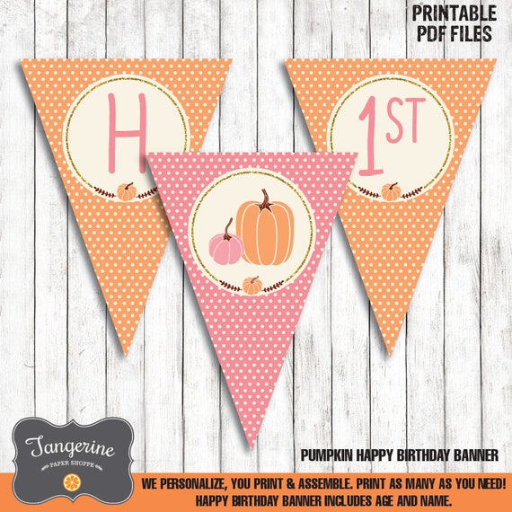 Little Pumpkin Birthday Banner, Pink Gold Pumpkin Banner, Printable PDF ...