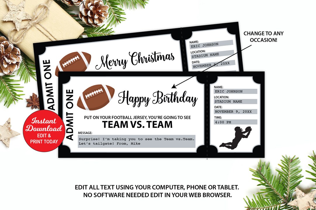 Football Game Ticket, Editable Football Gift Ticket, Christmas Gift ...