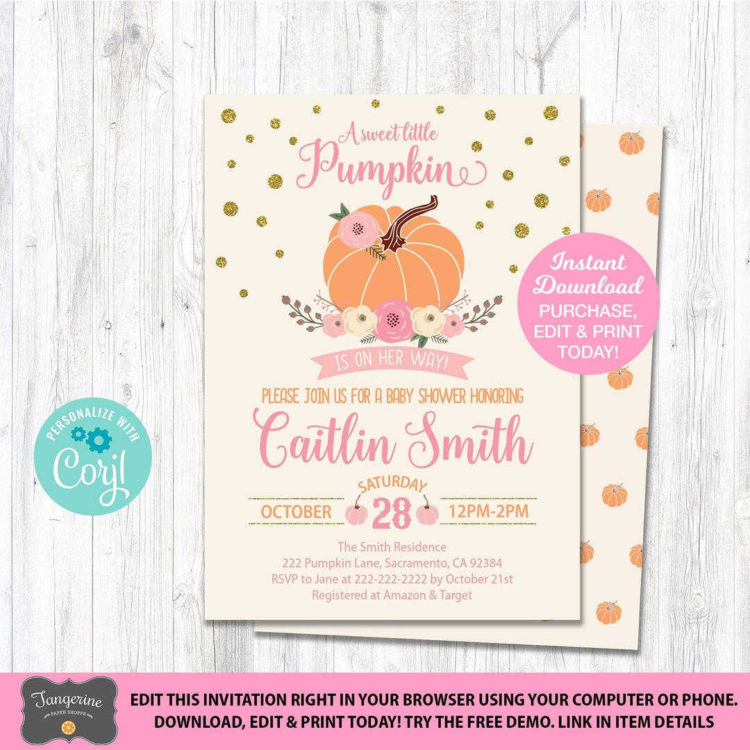 Pumpkin Baby Shower Invitation, Editable Invitation, Little Pumpkin ...