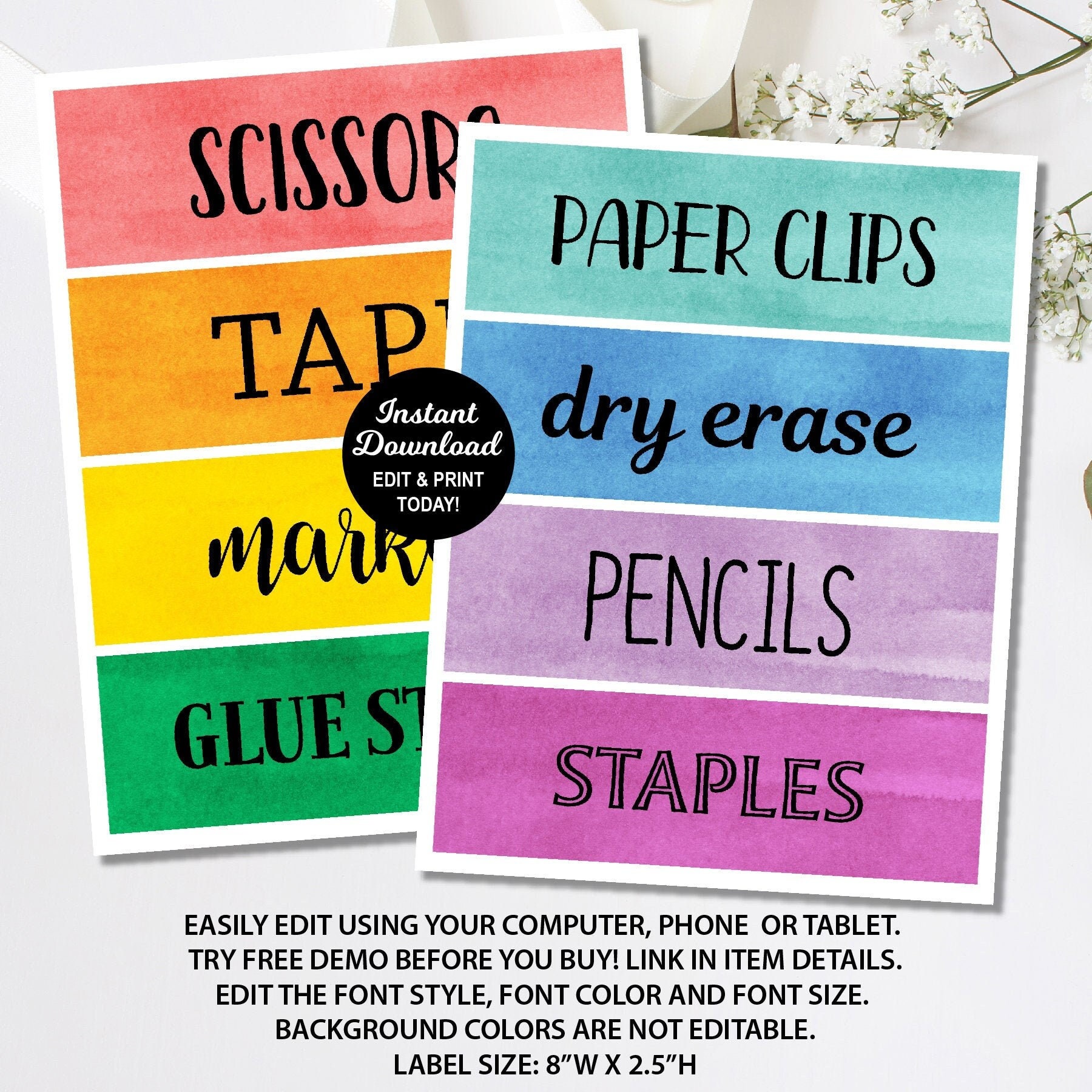 Watercolor Classroom Supply Labels, Rainbow Label, Classroom ...