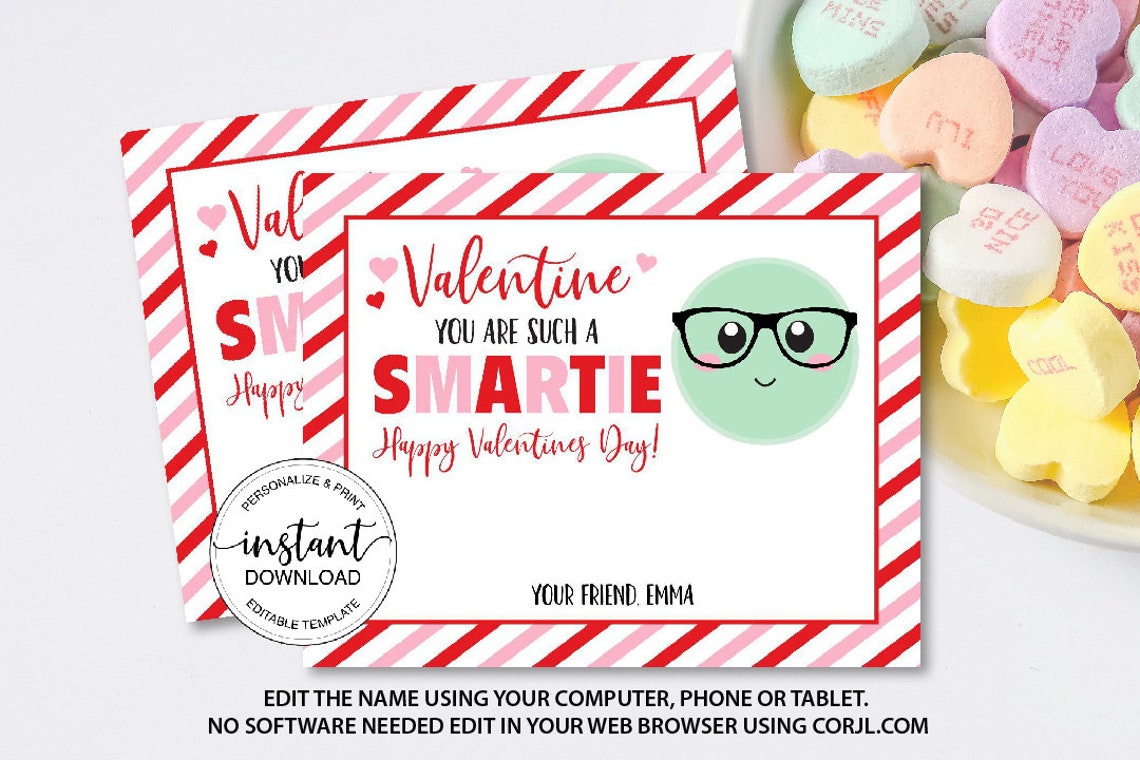 Smartie Valentines Day Tag Printable, Personalized Kids Valentine Card ...