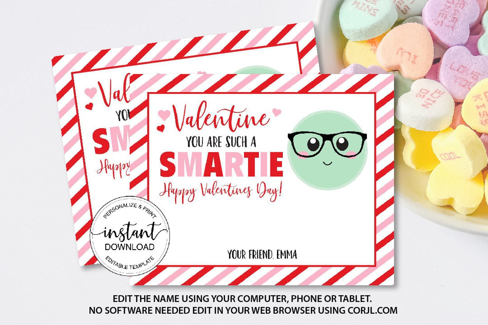Smartie Valentines Day Tag Printable, Personalized Kids Valentine Card ...