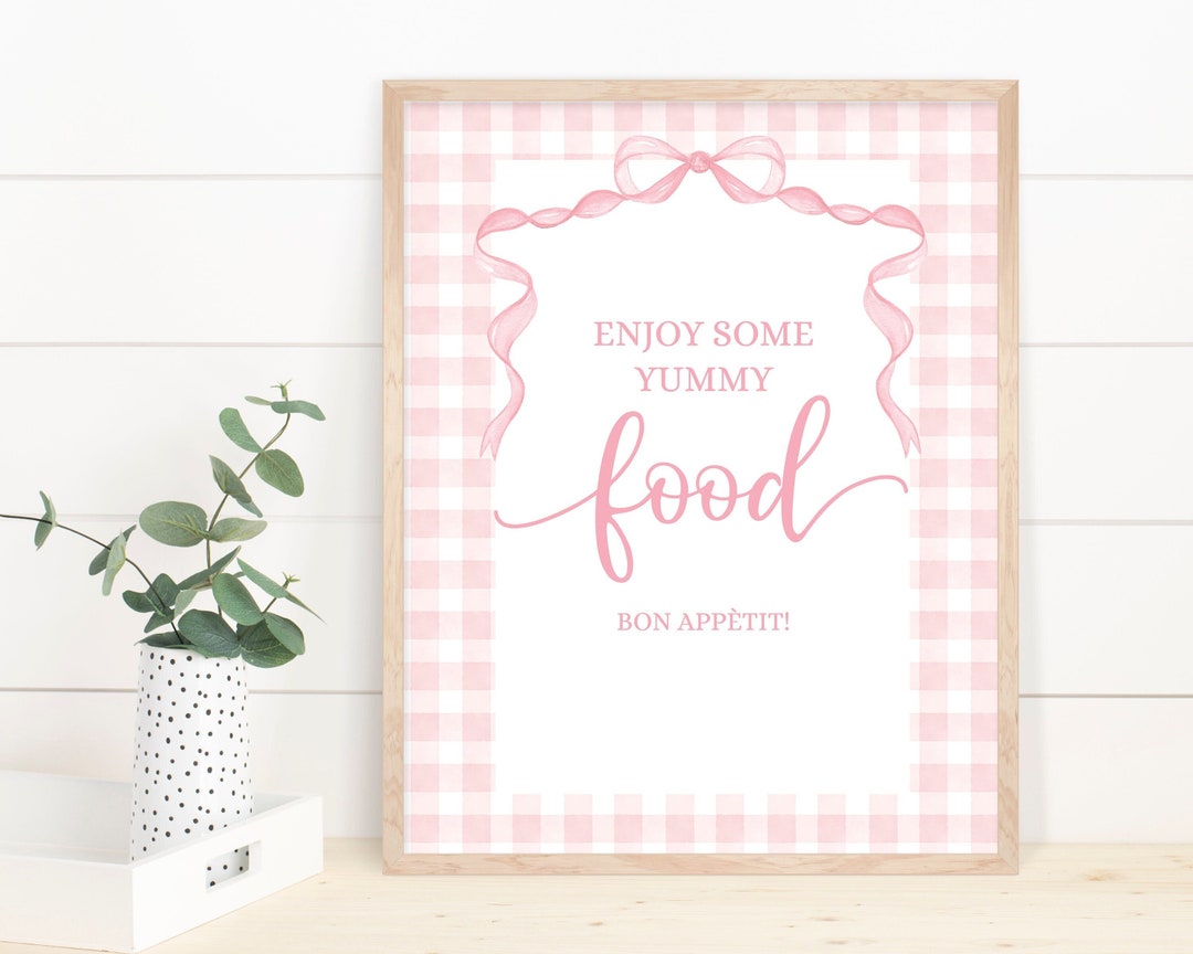 Pink Gingham Bow Food Sign, Food Table, Watercolor Bow Birthday ...