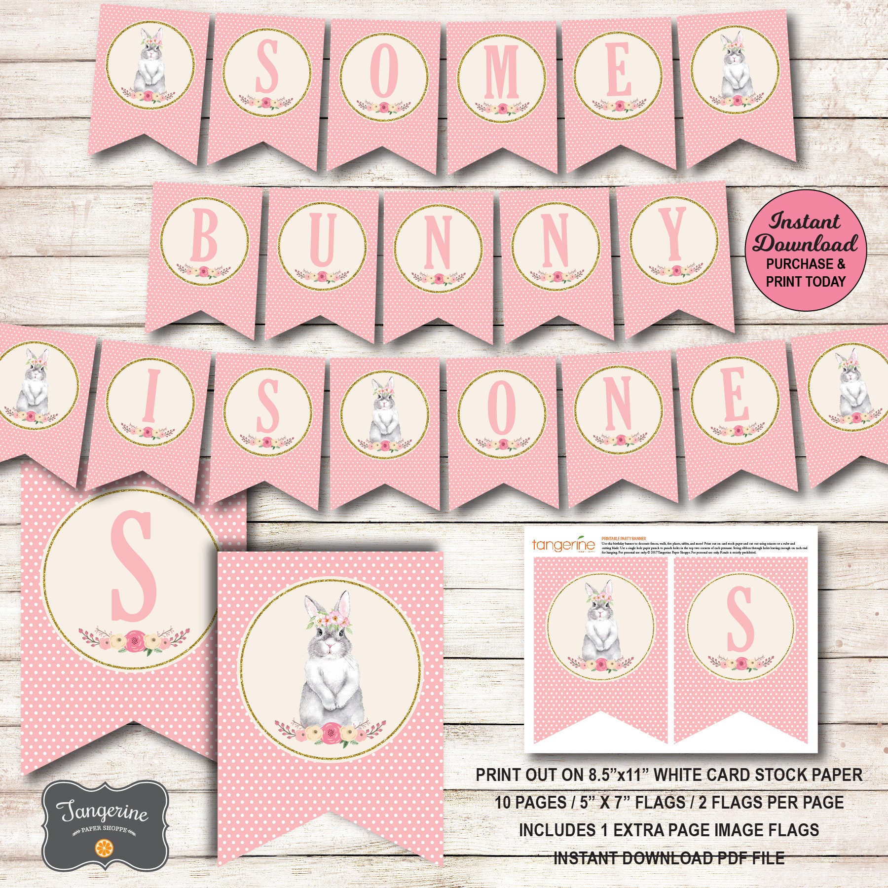 Bunny Birthday Favor Tags, Pink Gold Bunny Thank You Tags, Favor Party ...