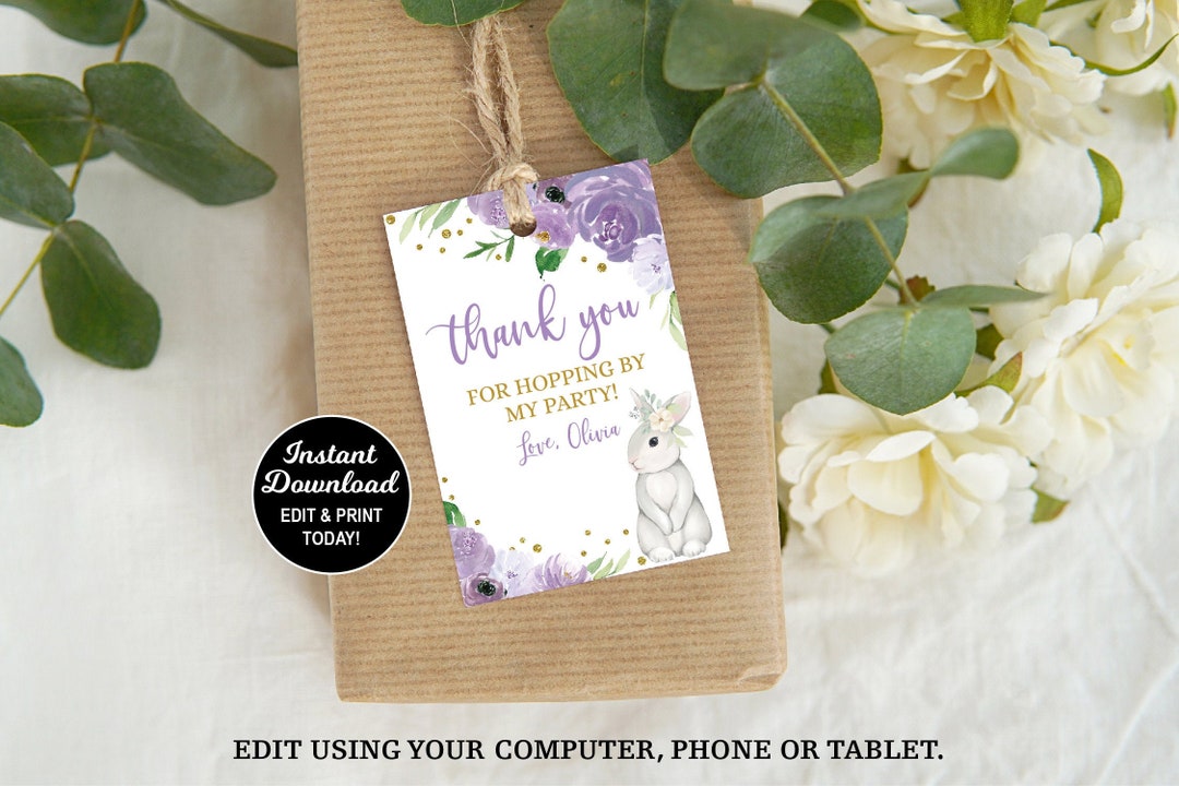 Bunny Birthday Favor Tags, Bunny Thank You Tags, Spring Birthday, Girl ...