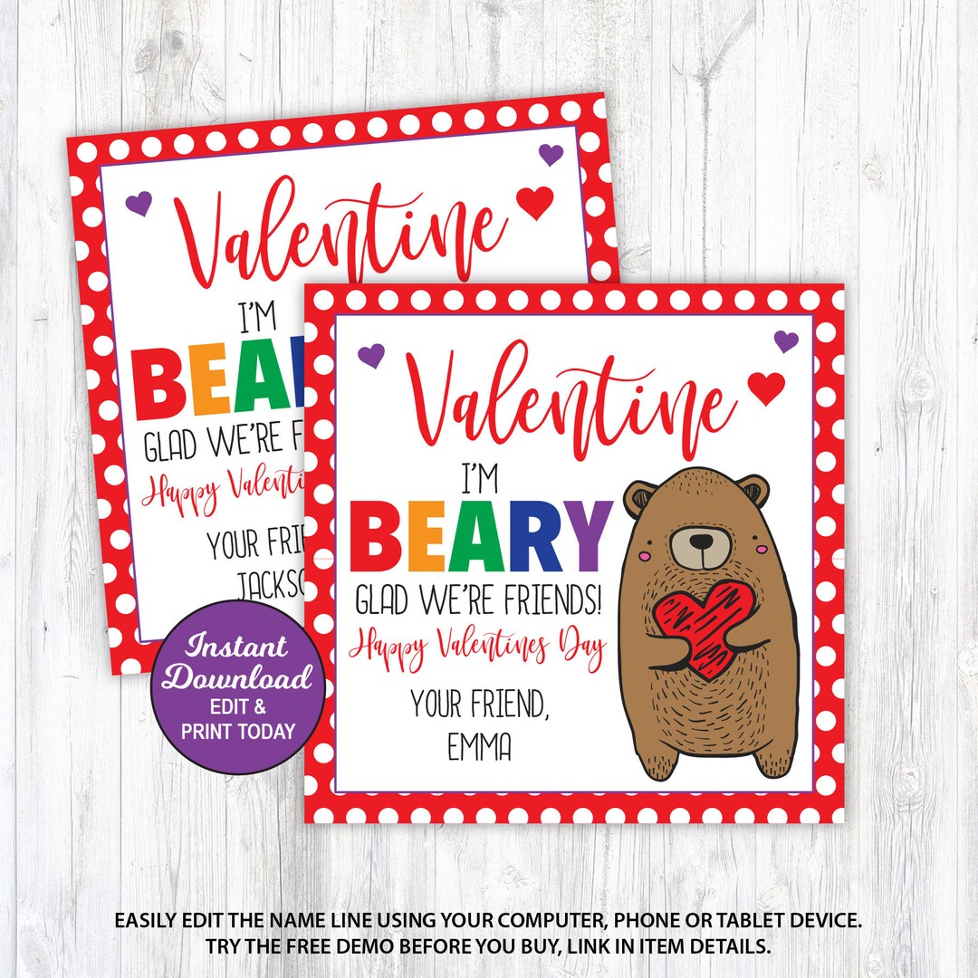 Gummy Bear Valentines Day Tag, Valentine Bear Label, I'm Beary Glad We ...