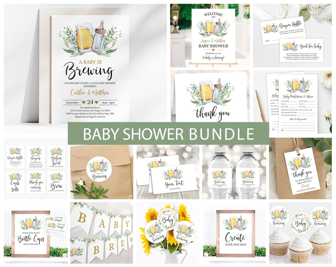 A Baby is Brewing Decoration Package, Editable Beer Baby Shower Decor ...