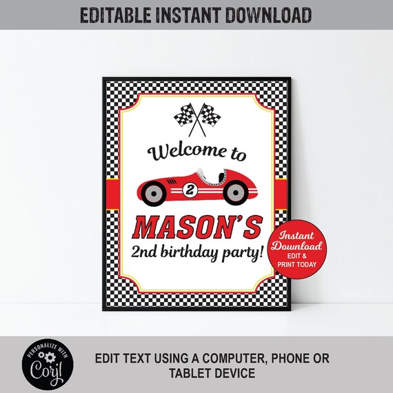 Race Car Birthday Welcome Sign Editable Welcome Sign Boy - Etsy