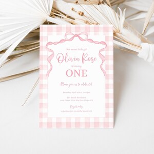 EDITABLE Pink Gingham Bow First Birthday Invitation, Girl 1st Birthday ...