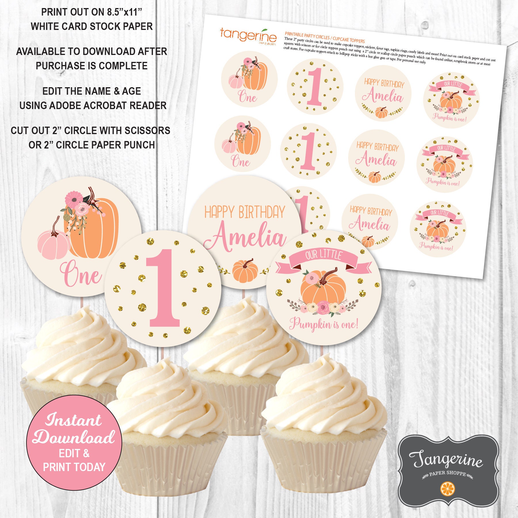 Pumpkin Birthday Cupcake Toppers, Pumpkin First Birthday, Pink Gold ...