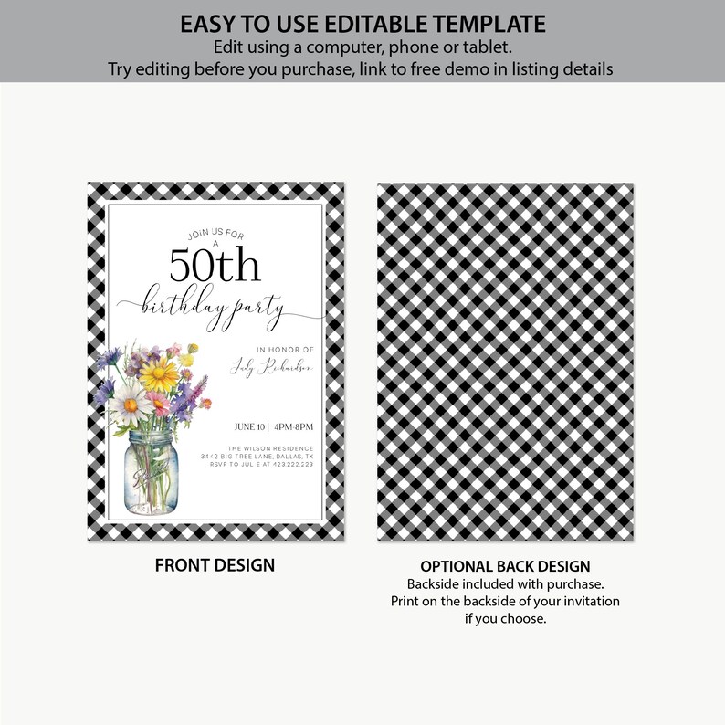 Editable Birthday Invitation, Black White Gingham Wildflowers Mason Jar ...