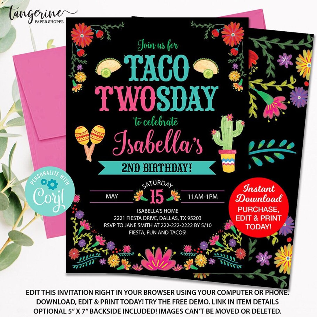 Taco Twosday Invitation Black, Fiesta Birthday Invitation Editable ...