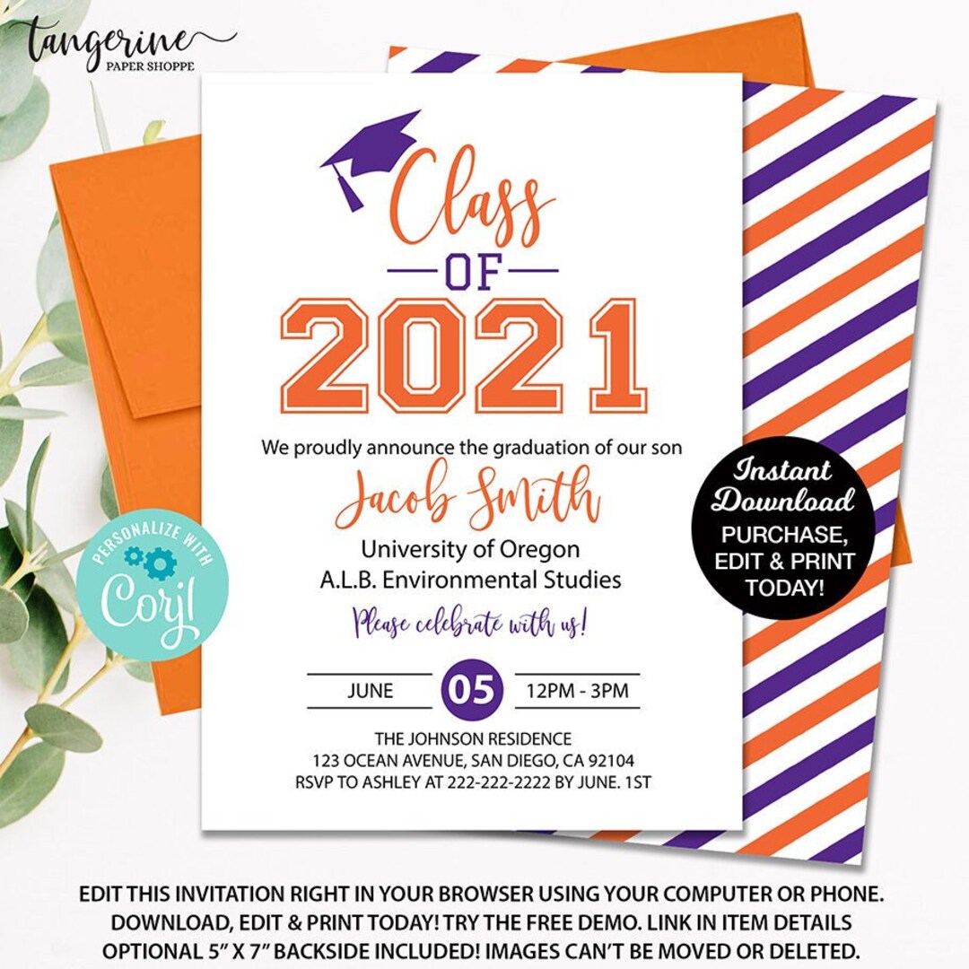 2024 Graduation Announcement, Graduation Party Invitation Orange Purple ...