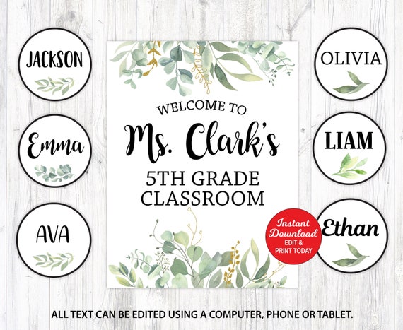 Botanical Classroom Door Display, Greenery Classroom Welcome Sign ...