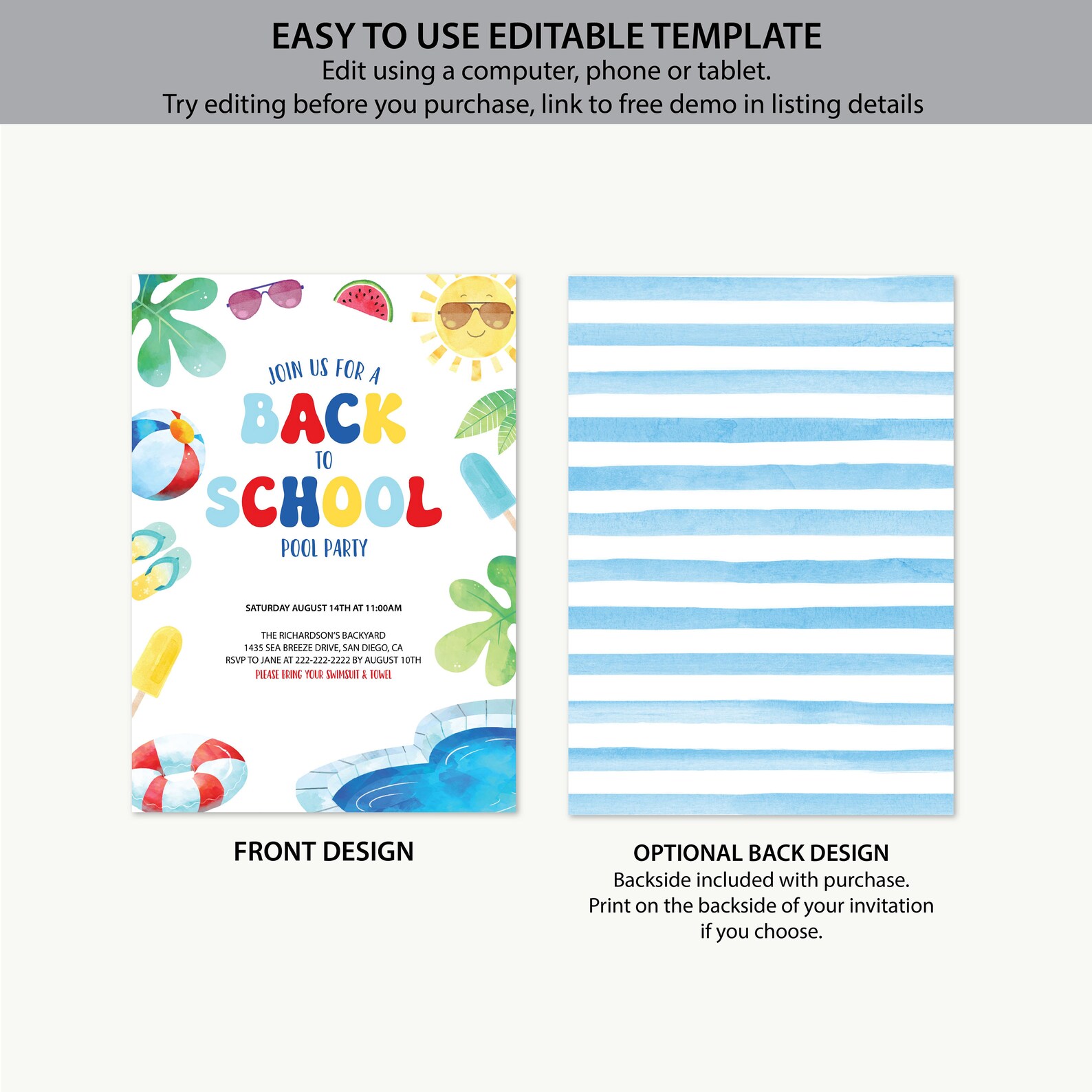 Editable Back to School Pool Party Invitation, Swimming Pool Party ...