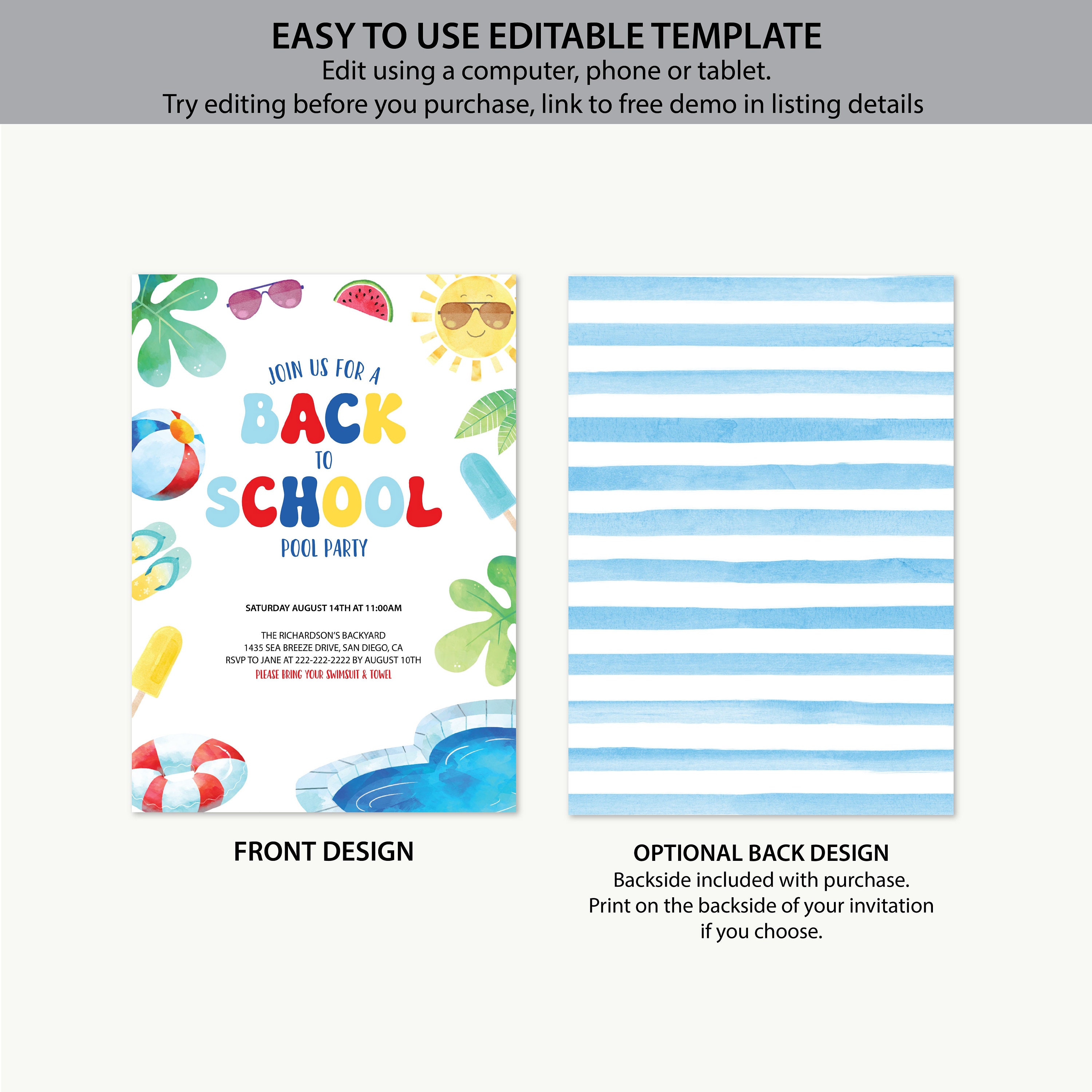 Editable Back to School Pool Party Invitation, Swimming Pool Party ...