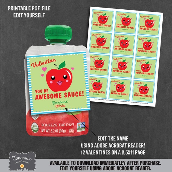 Applesauce Valentines Awesome Sauce Valentine Kids | Etsy