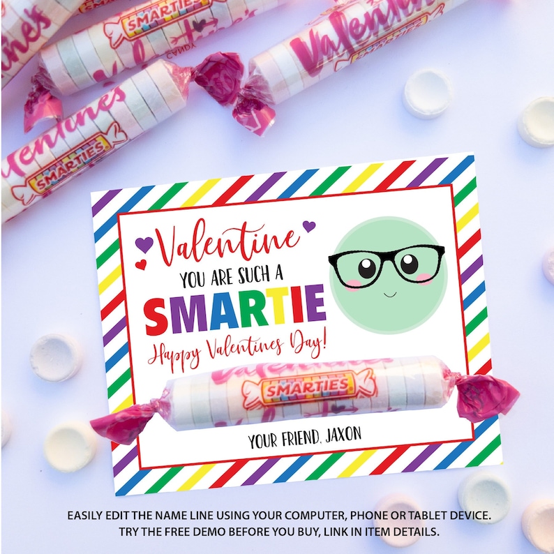 Smartie Valentines Day Tag Printable Kids Valentine Card - Etsy