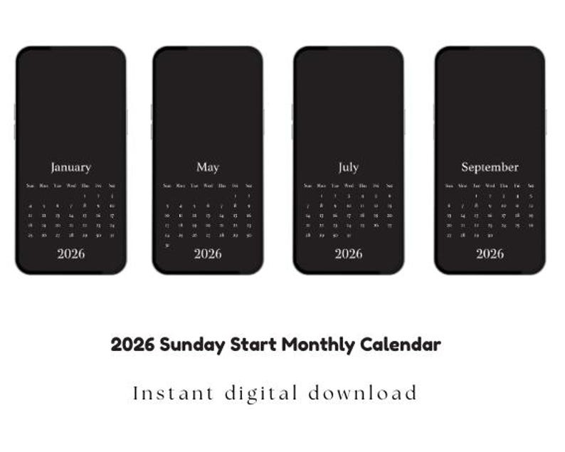2026 Calendar Smartphone Wallpaper, Sunday Start (digital Download, PNG ...