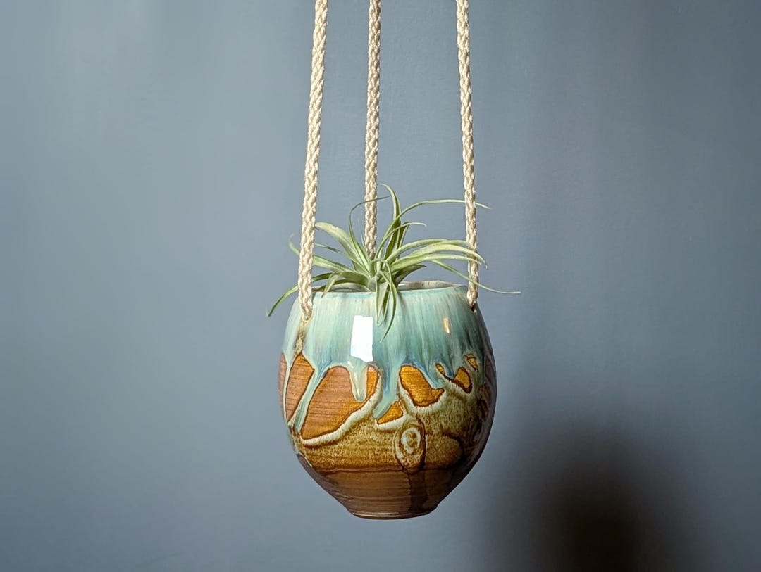 Handmade Ceramic Hanging Planter | Chocolate Blue Glaze, Drainage Hole ...