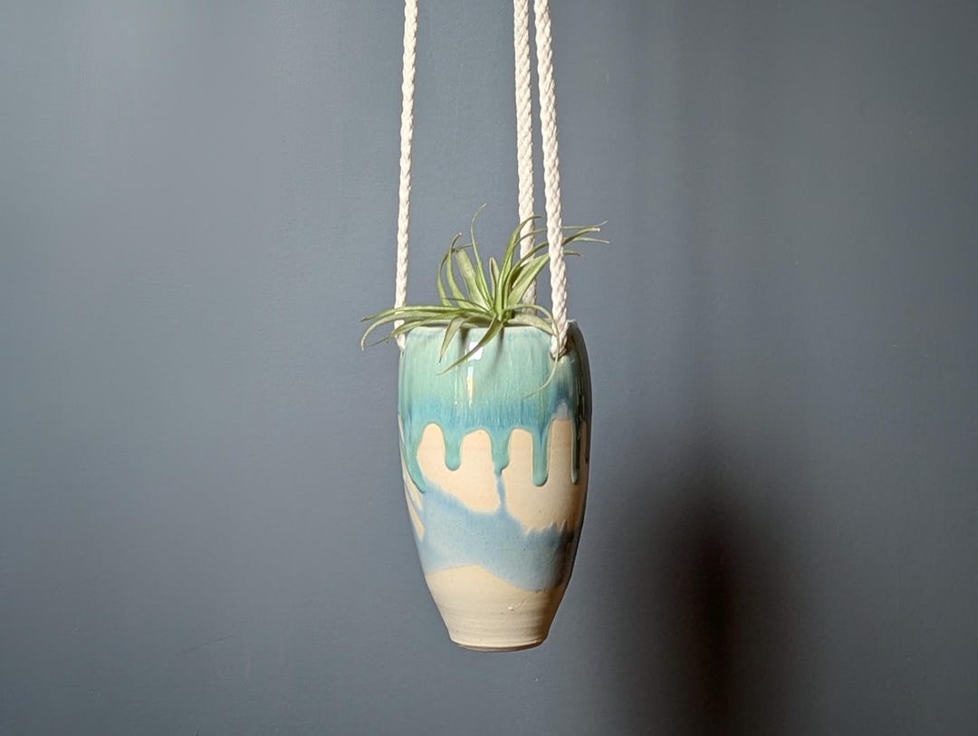 Soft Blue and Turquoise Hanging Planter | Drainage Hole | Indoor ...