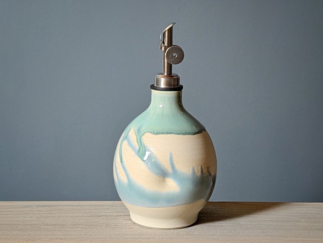 Blue and Teal Large Ceramic Oil Bottle, Rustic Farm House Decor , Olive ...
