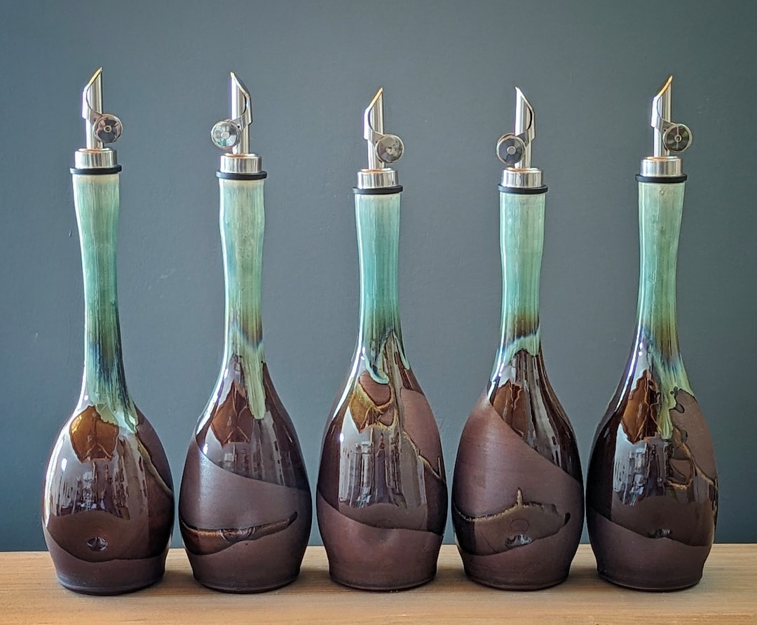 Chocolate Turquoise Blue Large Ceramic Oil Bottle, Rustic Farm House ...
