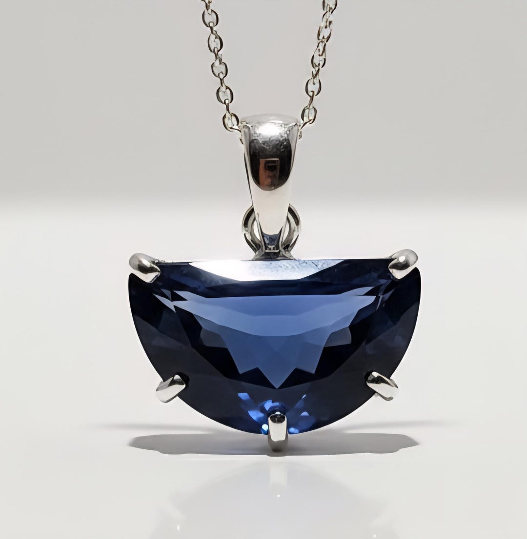 Blue Sapphire Pendant, Half Moon Gemstone Necklace, Handmade Silver ...