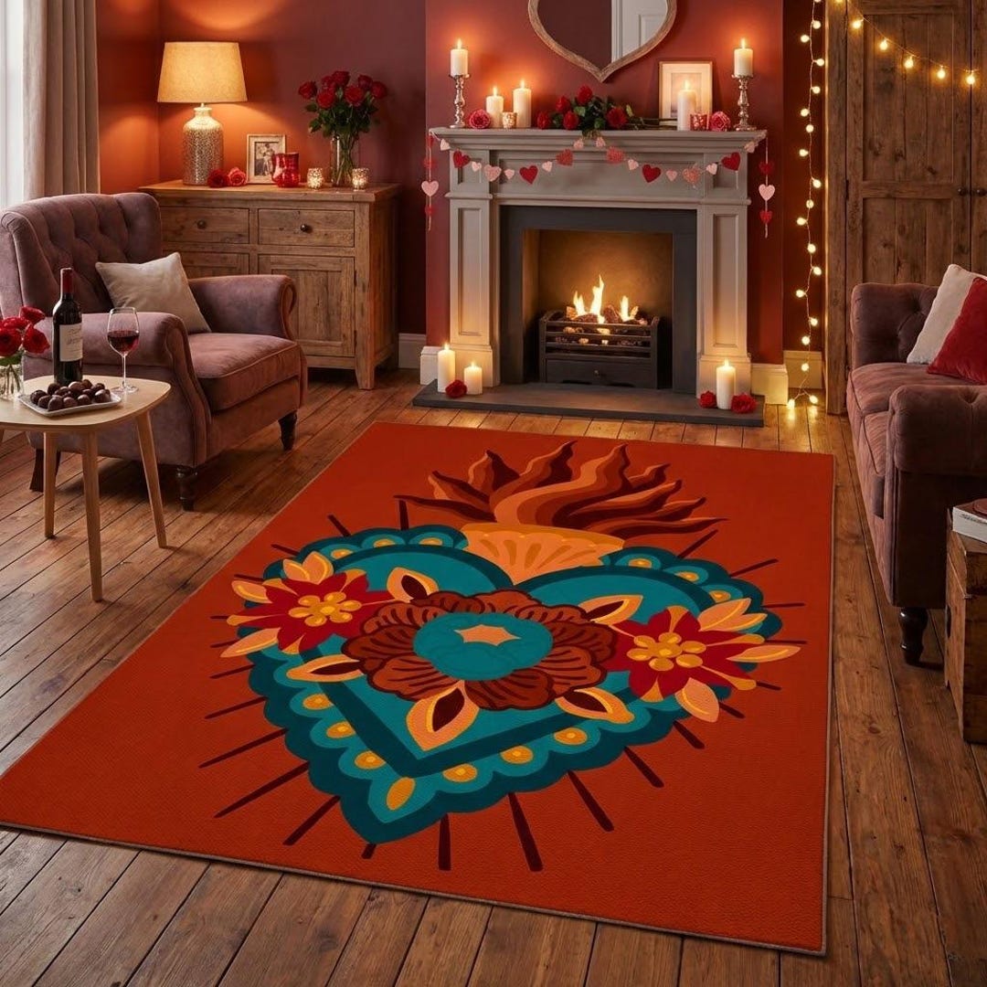 Sacred Heart Rug, Mexican Folk Art Decor, Valentines Day Gift ...
