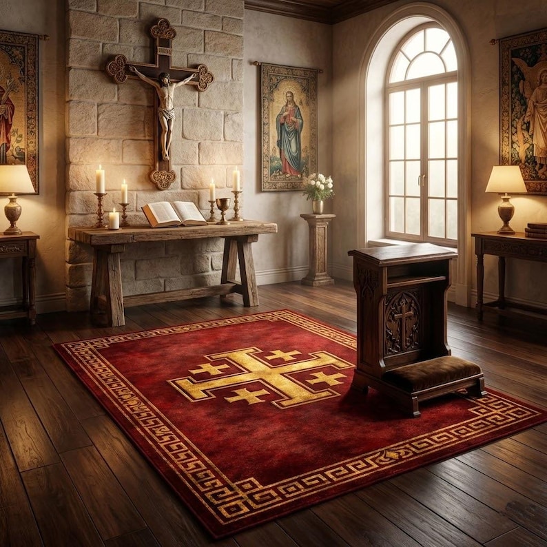 Jerusalem Cross Prayer Rug, Christian Kneeler, Catholic Gift, Medieval ...