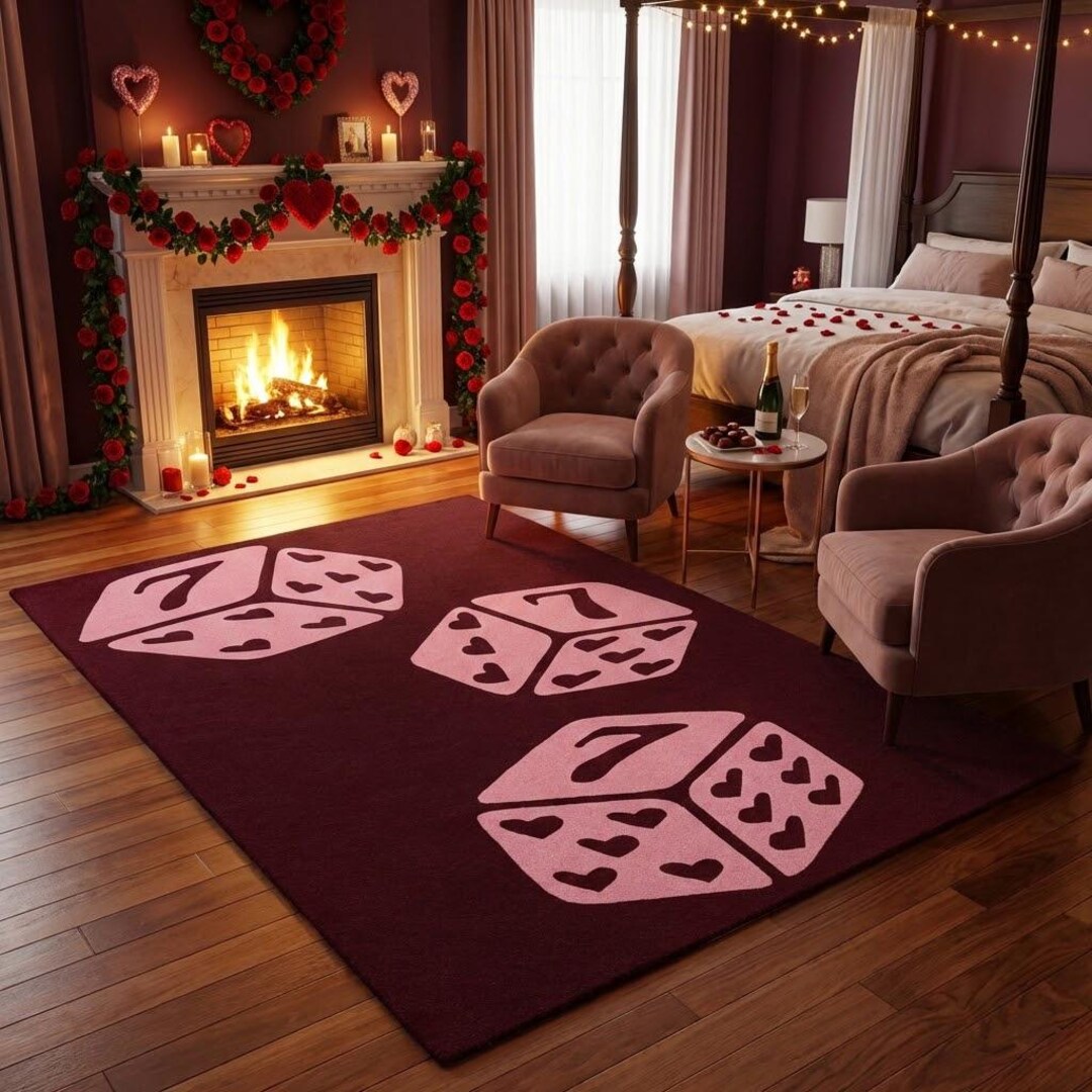 Pink Dice Rug With Hearts, Coquette Room Decor, Lucky 7 Carpet, Funky ...