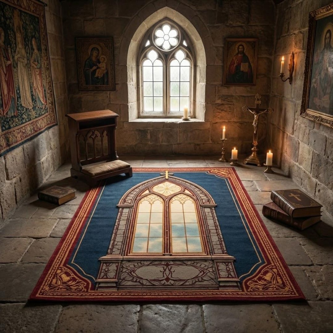 Christian Prayer Rug, Gothic Cathedral Window, Home Altar Kneeling Mat ...