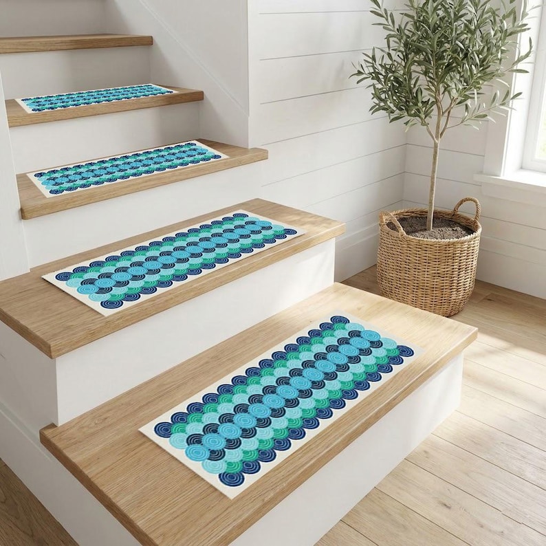Mid Century Modern Stair Treads, Non Slip Blue Geometric Runner, Retro ...