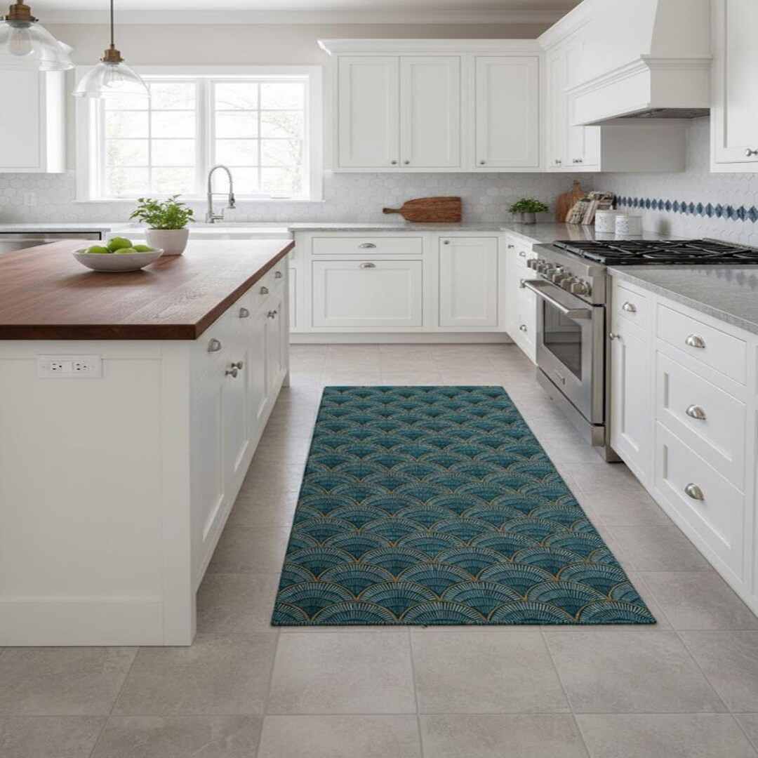 Art Deco Kitchen Rug, Teal Gold Scallop Runner, Washable Non Slip ...