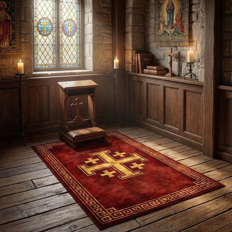 Jerusalem Cross Prayer Rug, Christian Kneeler, Catholic Gift, Medieval ...