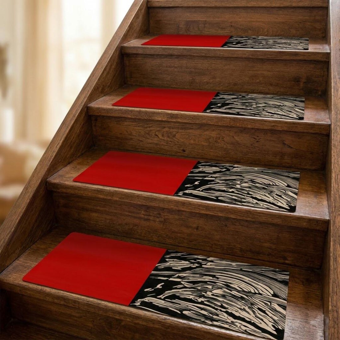 Japanese Wave Stair Treads, Red Woodcut Art Runner, Non Slip Step Rugs ...