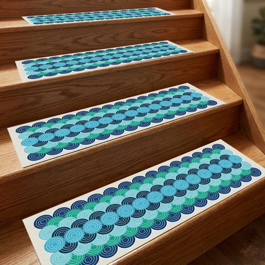 Mid Century Modern Stair Treads, Non Slip Blue Geometric Runner, Retro ...