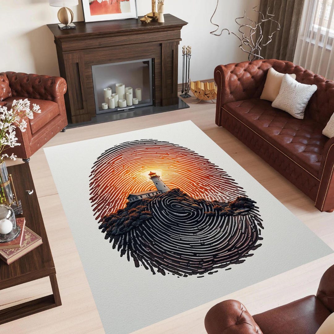 Fingerprint Art Rug, Lighthouse Sunset Design, Surreal Landscape Rug ...