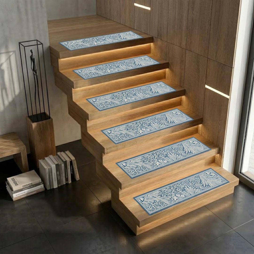 William Morris Blue Stair Treads, Non Slip Floral Stair Runner ...
