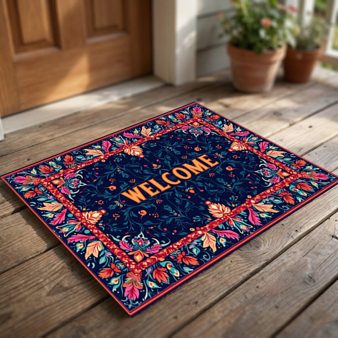 Navy Blue Welcome Door Mat, Boho Floral Front Porch Decor, Housewarming ...