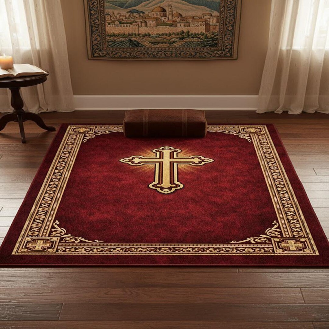 Christian Prayer Rug, Gold Cross Rug, Religious Gift for Baptism, Red ...